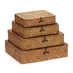 Hipiwe Flat Wicker Storage Basket Bin with Lid - Set of 4 Large Woven Shelf Baskets Boxes Natural Seagrass Basket Bin Rectangular Decorative Storage Boxes for Closet Shelf Organizer, Caramel