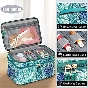 FINPAC Sewing Accessories Storage and Organizer Case, Double-Layer Sewing Kits Carrying Bag with Wrist Pin Cushion for Threads, Needles, Embroidery Floss Supplies, Felting Kits (Emerald Illusions)