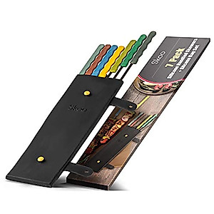 Skoo Barbecue Skewers Set - 7 Silicone Handled Stainless Steel BBQ Skewers + Silicone Storage Bag - 14" Flat Metal Shish Kebab Skewers for Grilling - Reusable Grill Kabob Skewer Sticks + Rollable Bag