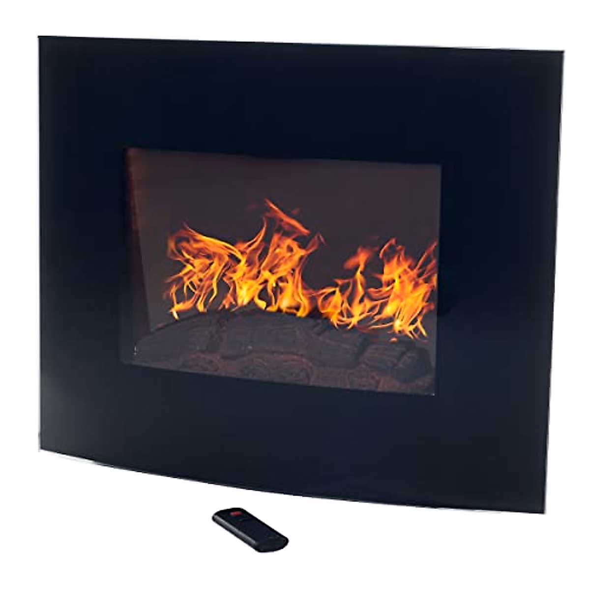 25.5-Inch Wall Mounted Electric Fireplace - Curved Glass Heater with Log Fuel Effect, Adjustable Flames, and Remote Control by Northwest (Black)