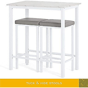 Bar Table Set for 2, White Faux Marbled 3-Piece Counter Height Breakfast Table with 2 Cushioned Stools, Small Dining Kitchen Table Set for Apartment