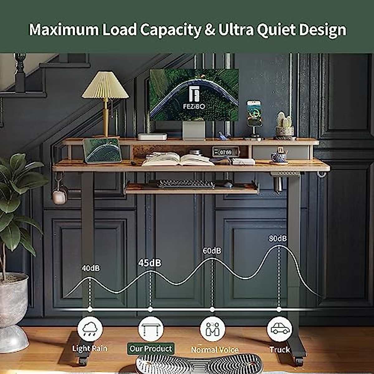 FEZIBO Standing Desk with Drawers, Adjustable Height Desk with Keyboard Tray, Stand Up Desk with Storage Shelf, 48 x 24 Inchs, Rustic Top
