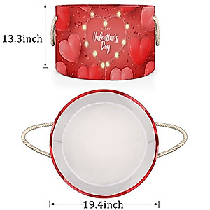 Red Valentines Day Love Heart (17) Large Round Baskets for Storage Laundry Baskets with Handles Blanket Storage Basket for Bathroom Shelves Bins for Organizing Nursery Hamper Girl Boy