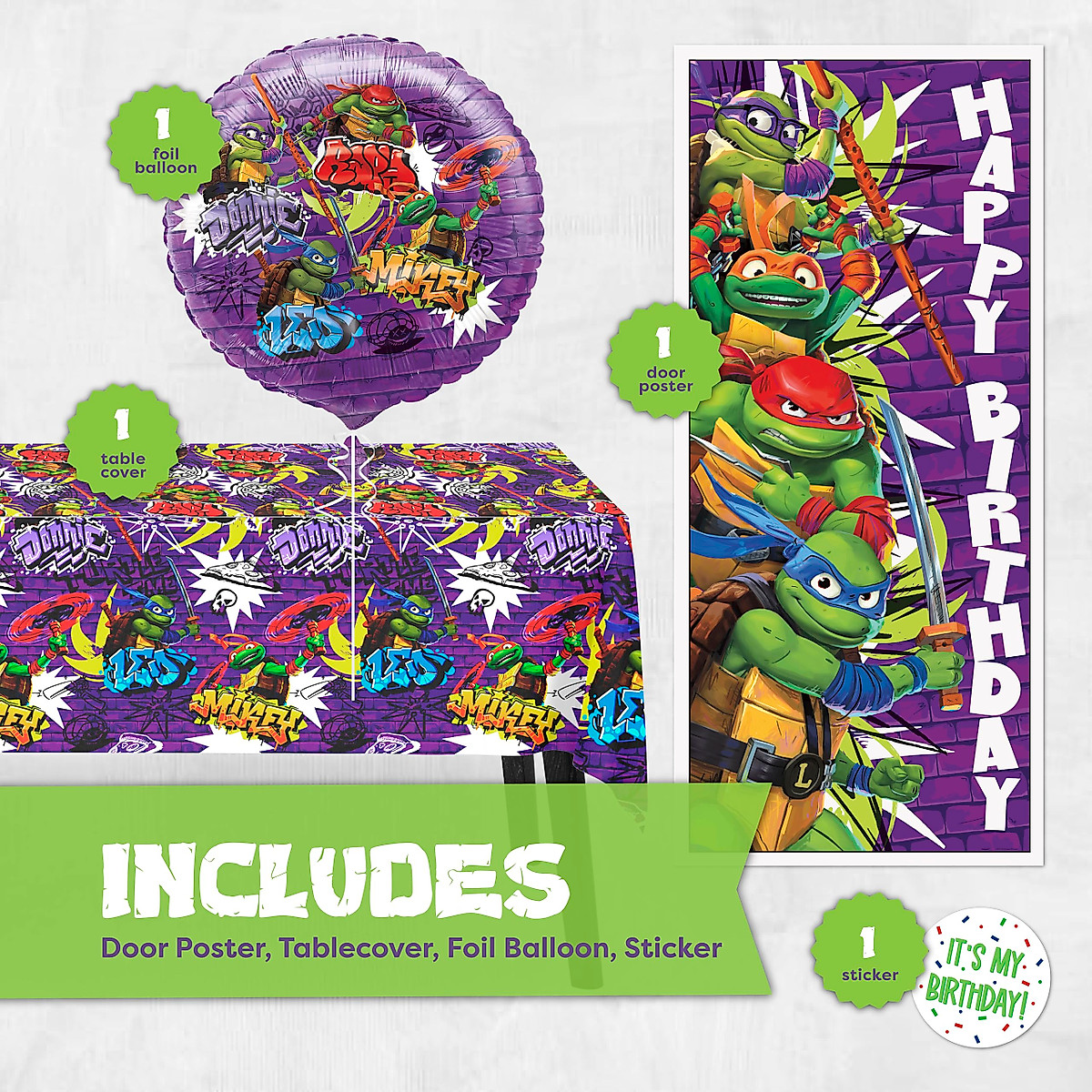 Ninja Turtle Party Decorations | Ninja Turtle Birthday Decorations | Teenage Mutant Ninja Turtles Party Supplies | TMNT | Balloon, Tablecloth, Door Poster, Sticker | Officially Licensed