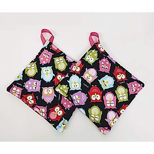 Potholder set in a Black Multicolored owl Fabric Print by Sewuseful Studios