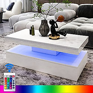 SUCXDZQ Modern Coffee Table with RGB LED Light, High Gloss Coffee Table with Remote Control for Living Room, White