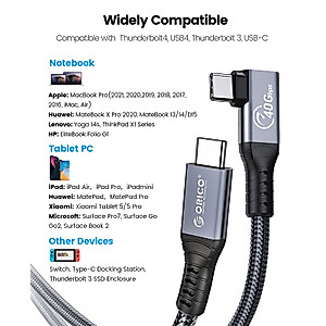 ORICO Cable Compatible with Thunderbolt 4 Right Angle 0.98FT, 40Gbps USB C to USB C Cable with 100W Charging/Display 8K@ 60Hz for MacBooks, iPad Pro, Thunderbolt 4/3 Hub and USB-C Device