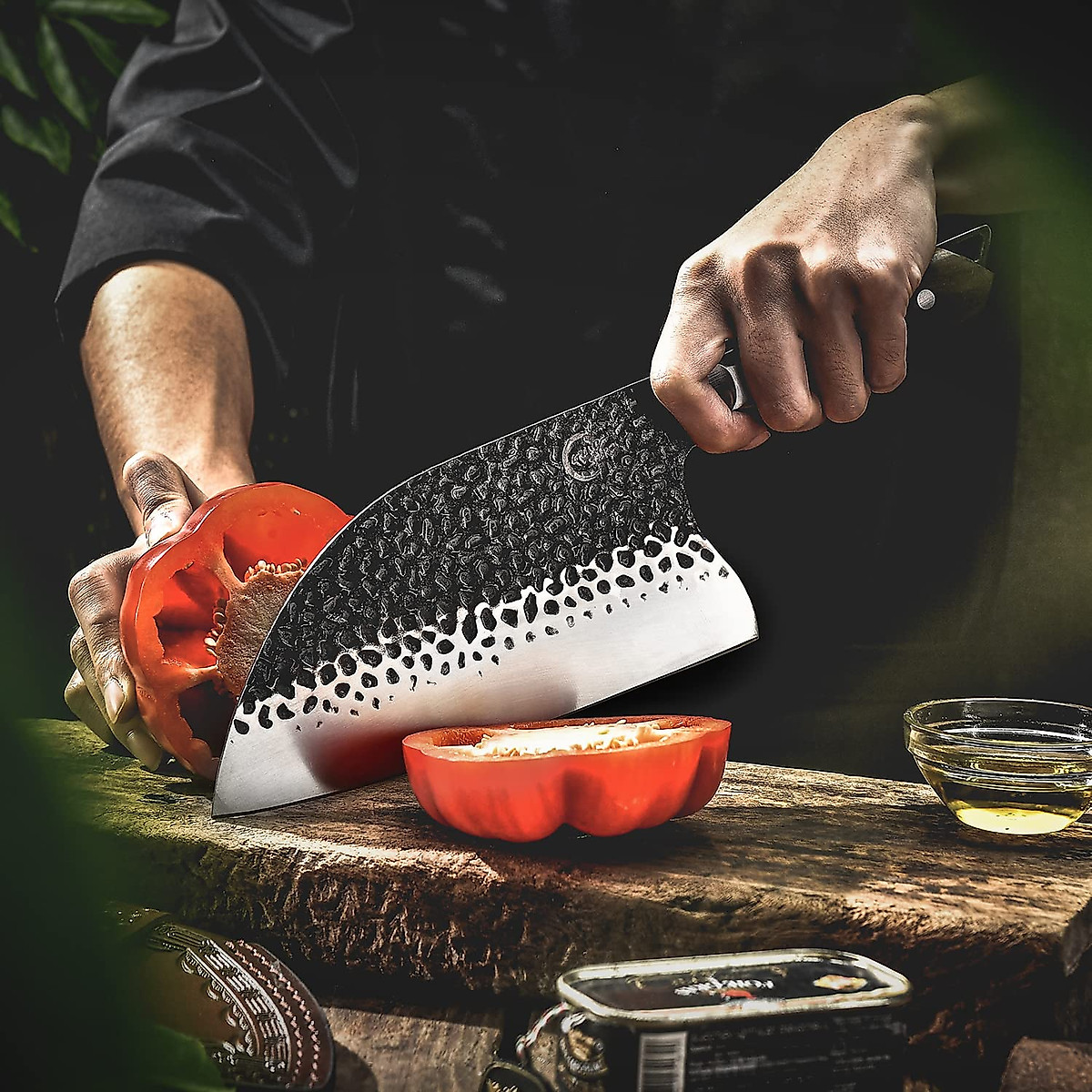 [Full Tang]Butcher Knife Handmade Forged Kitchen Chef Knife Grandsharp Pro Razor Sharp Serbian Clad Steel Meat Vegetable Chopping Cutting Cleaver with Leather Knife Sheath