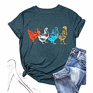 Chicken Shirt for Women Farm Tees Farm Girl T Shirt Funny Chicken Graphic T-Shirt Casual Short Sleeve Tops Green