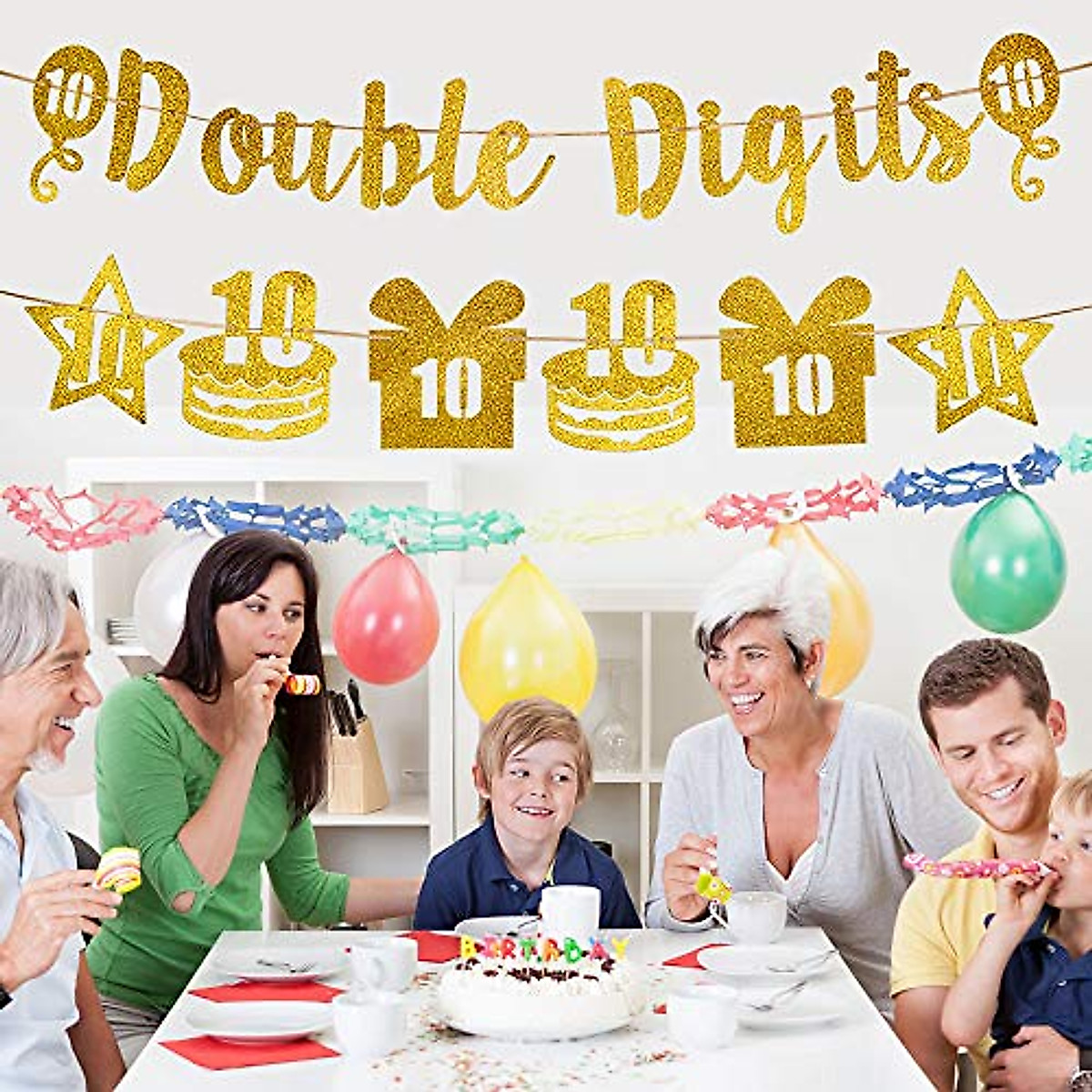 Excelloon Double Digits 10th Birthday Party Decorations - Double Digits Banner with Cake Gift Star Decorations - Gold Glitter Happy 10 Year Old Birthday Banner Decorations Supplies for Boys & Girls