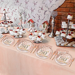 96 Pieces 50th Birthday Tableware Set for Pink Rose Gold 50th Birthday Table Decorations Supplies Pink Rose Gold Happy 50 Birthday Dessert Plates Napkins Forks for 24 Guests Women Birthday Supplies