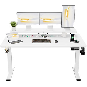 Shahoo Electric Standing Desk with Monitor Shelf, 63 x 27 Inches Height Adjustable Corner Table, Computer Workstation with Cup Holder and Hook for Home Office, White, 63x27 Inch