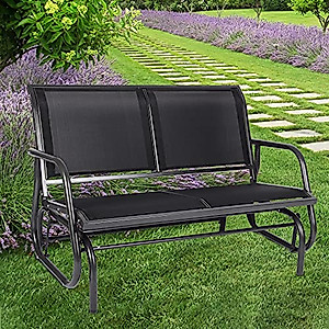 Koreyosh Outdoor Glider Bench 2-Person Rocking Loveseat Chair Patio Swing Rocker w/Powder Coated Frame and Textilene Mesh Seating for Porch Yard Graden, Black