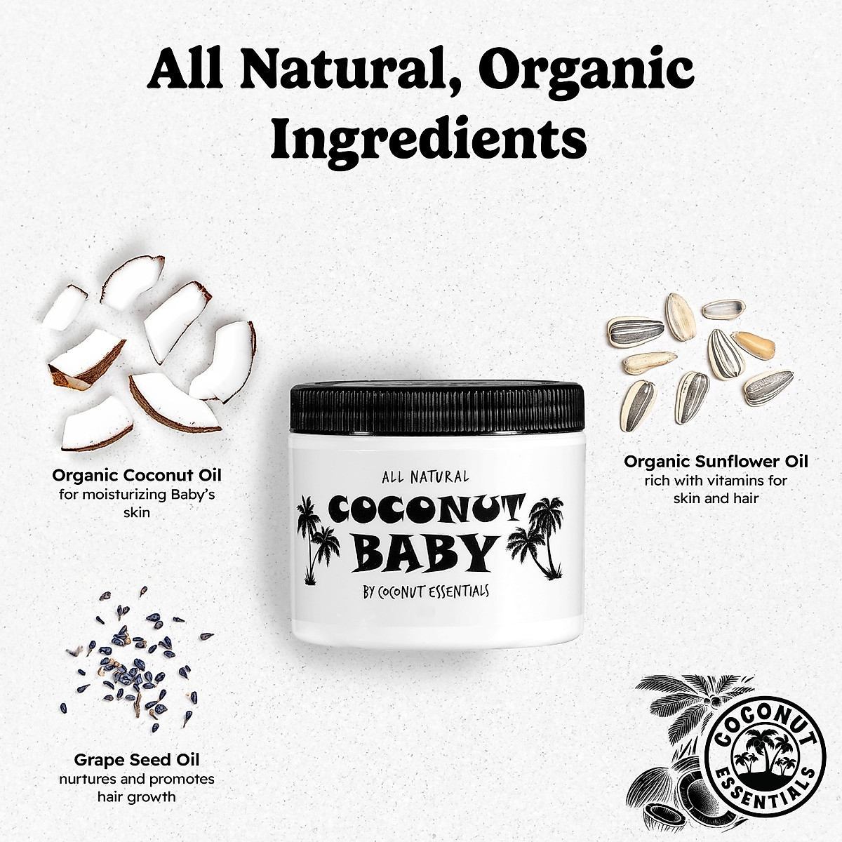 Coconut Baby Oil - Natural & Organic Moisturizer, Hair Oil for Cradle Cap Treatment, Newborn Sensitive Skin, Eczema & Psoriasis Relief, Unscented, Sunflower & GrapeSeed Oil 4 floz | Coconut Essentials