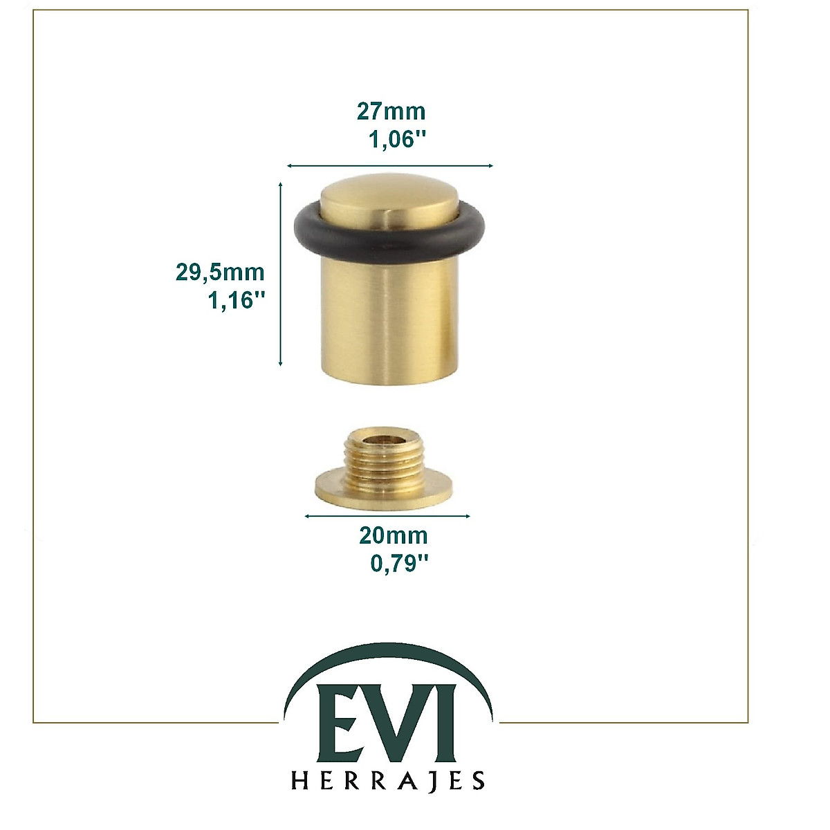 EVI | Doorstop | 1.06'' X 1.15'' | Threaded Base | Natural Silicone Black Rubber | Brass Matte Finished | Includes Strips + Fastening Anchor | 2X Mod. I-108