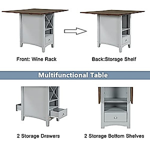 XD Designs Farmhouse 5-Piece Counter Height Dining Table Set, Soild Wood Drop Leaf Kitchen with Wine Rack & Drawers, 4 Chairs Ladder Full Back, Space-Saving (Cherry+Gray)