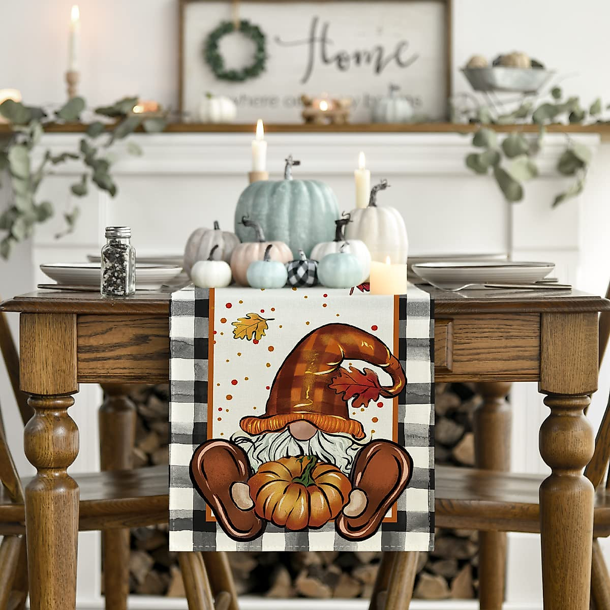 Artoid Mode Buffalo Plaid Gnome Pumpkin Maple Leaves Fall Table Runner, Autumn Kitchen Dining Table Decoration for Indoor Outdoor Home Party 13x72 Inch