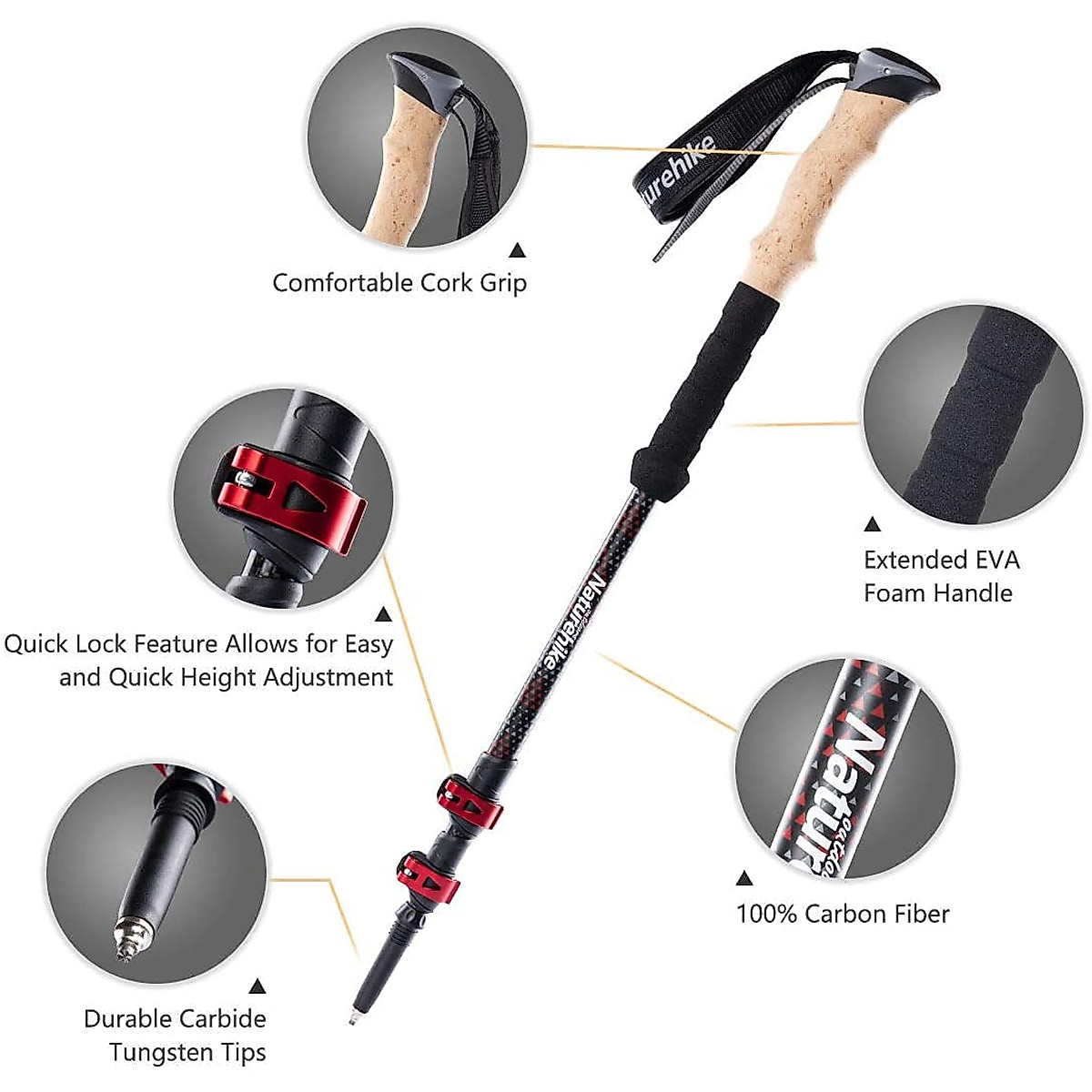 Naturehike Ultralight Trekking Poles, 100% 3K Carbon Fiber, Collapsible Hiking Poles, Telescopic Adjustable Walking Sticks for Backpacking Camping, Quick Locking, Carry Bag and Accessories Included