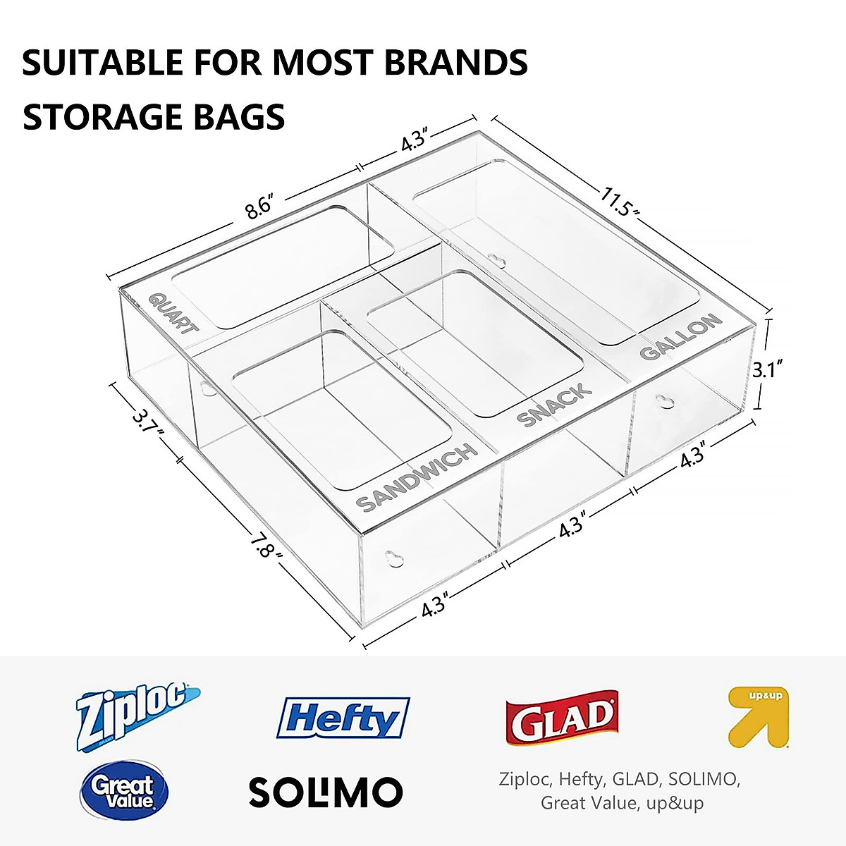 HBlife Ziplock Bag Storage Organizer, Premium Acrylic Compatible Holder Kitchen Drawer Baggie Container Suitable for Variety Size Bags Dispenser for Cabinet, Clear