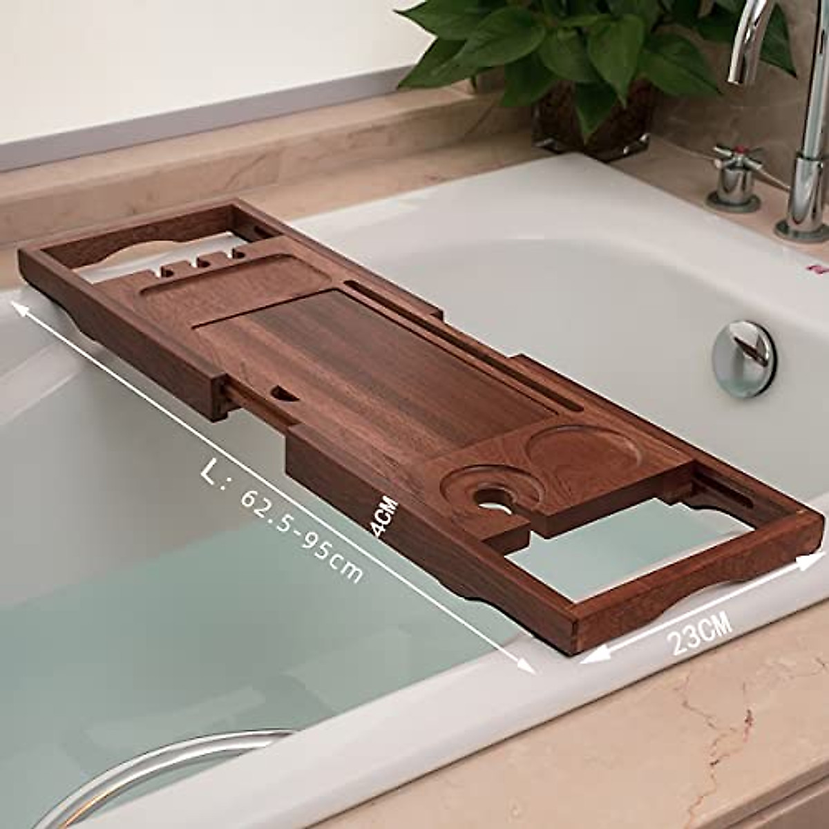 WZSON Non-Slip Bath Tray Solid Bamboo, Multifunctional Retractable Bathtub Stand, with Storage Compartment, Hook and Bezel, for Spa Home,Ebony