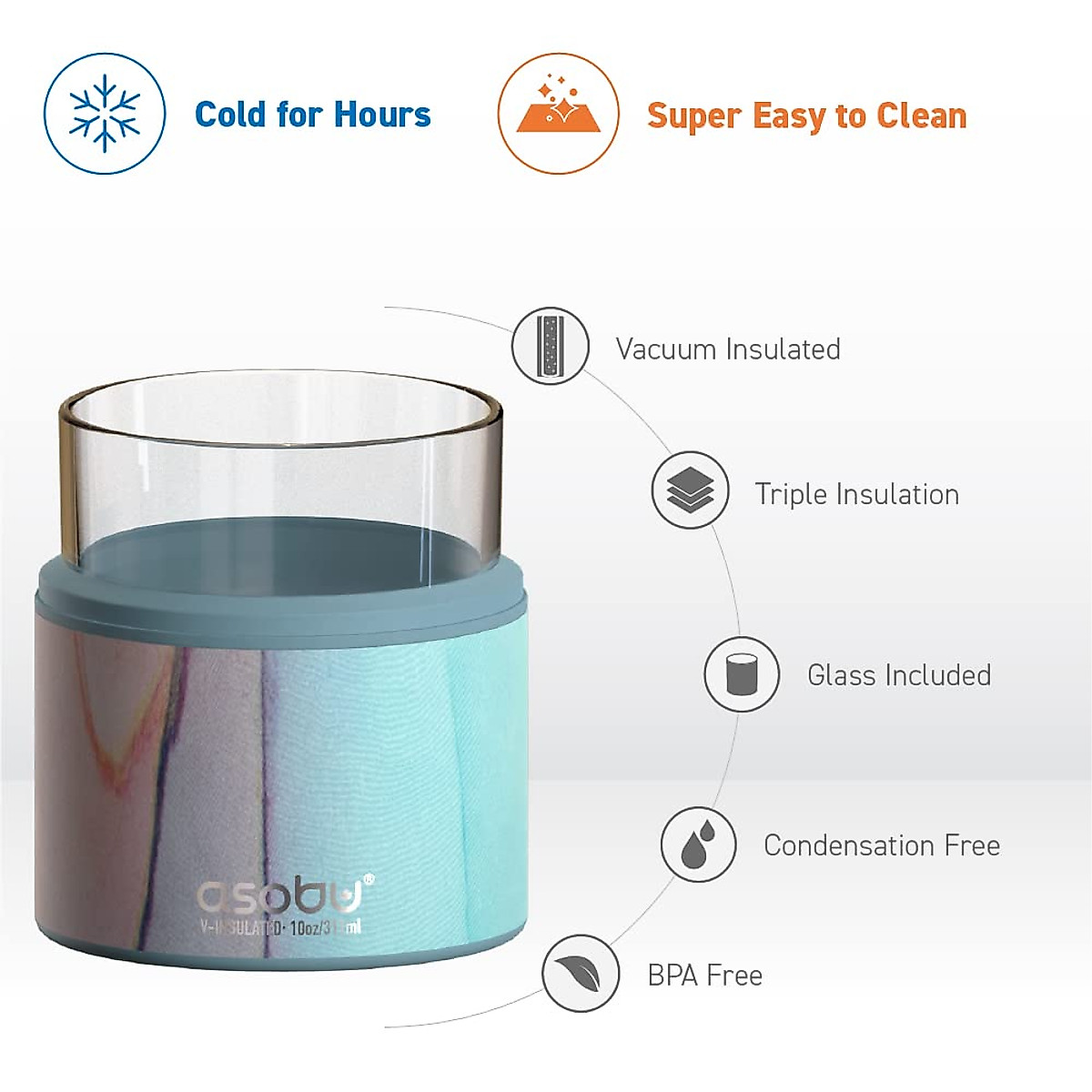 asobu Whiskey Glass with Insulated Stainless Steel Sleeve, 10.5 ounces (Midnight Marble)