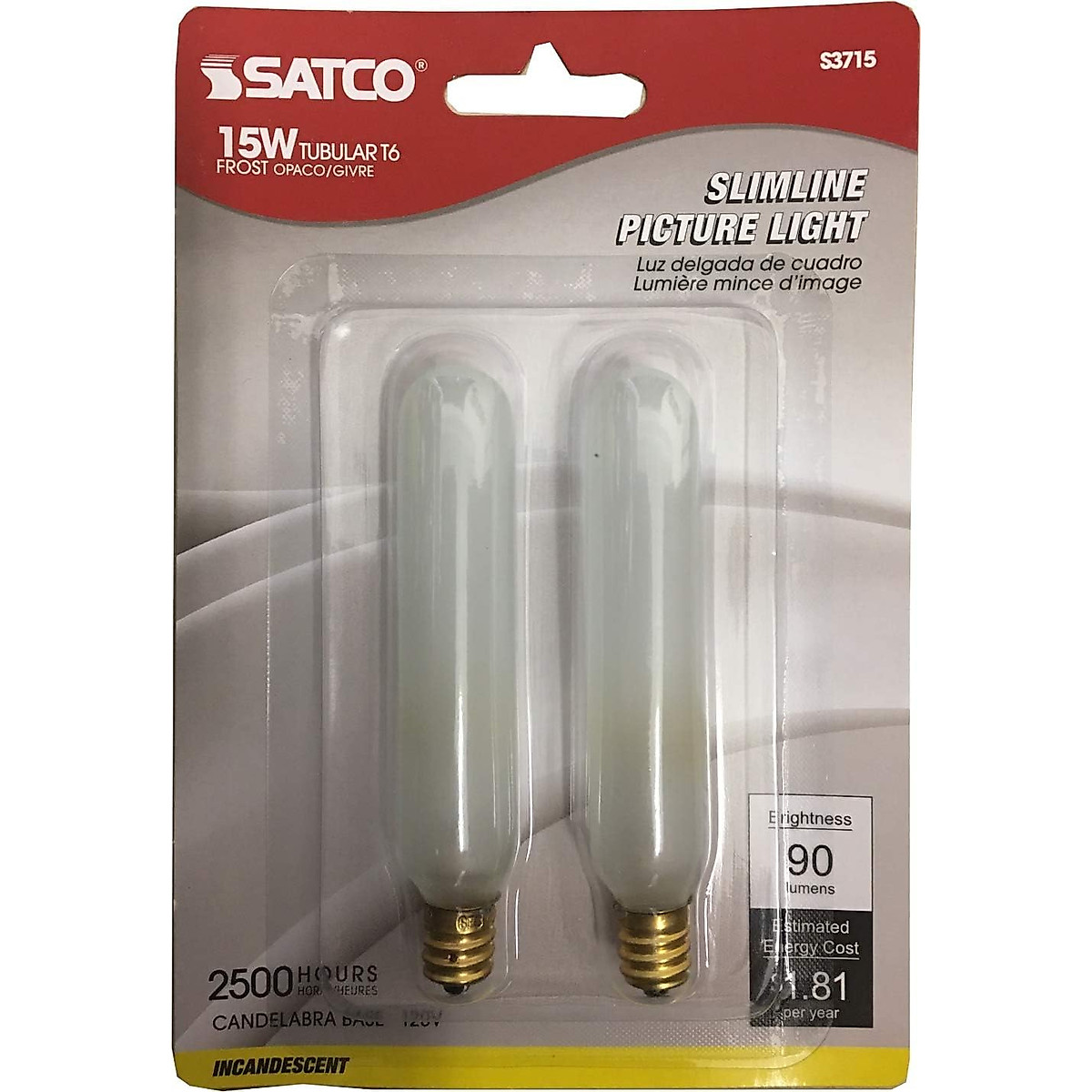 Satco S3715 Set of 3 Blister Packs Each with Two T6 Candelabra Tubular 15 Watt 120V Incandescent Dimmable Frosted Bulbs; Total of 6 Bulbs; C-5A Filament; E12 ANSI Base; 2700K Warm White