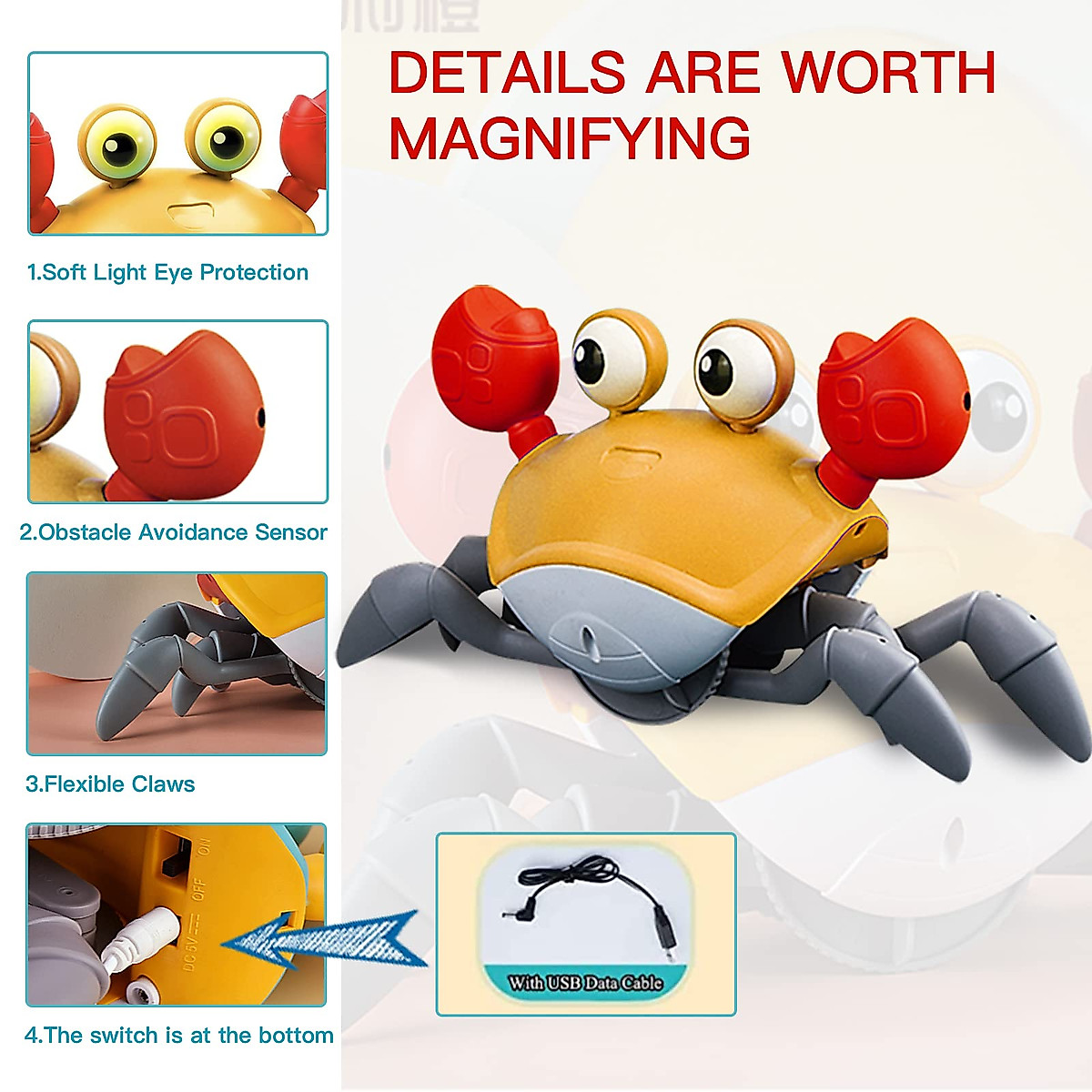 DASDSA Crawling Crab Baby Sensory Tummy time Toys for 1 Year Old boy Girl,Walking Crab Baby Toys Moving Dancing with Music and Light,Avoid Obstacles Interactive Development Baby Toys