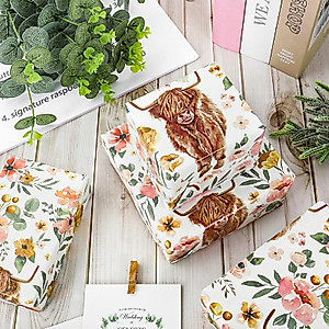 AnyDesign Boho Floral Highland Cow Wrapping Paper Folded Flat Boho Flower Gift Wrap Paper Bulk Cute Cow Art Paper for Birthday Wedding Baby Shower DIY Crafts Gift Packing, 19.7 x 27.6 in, 6 Sheet