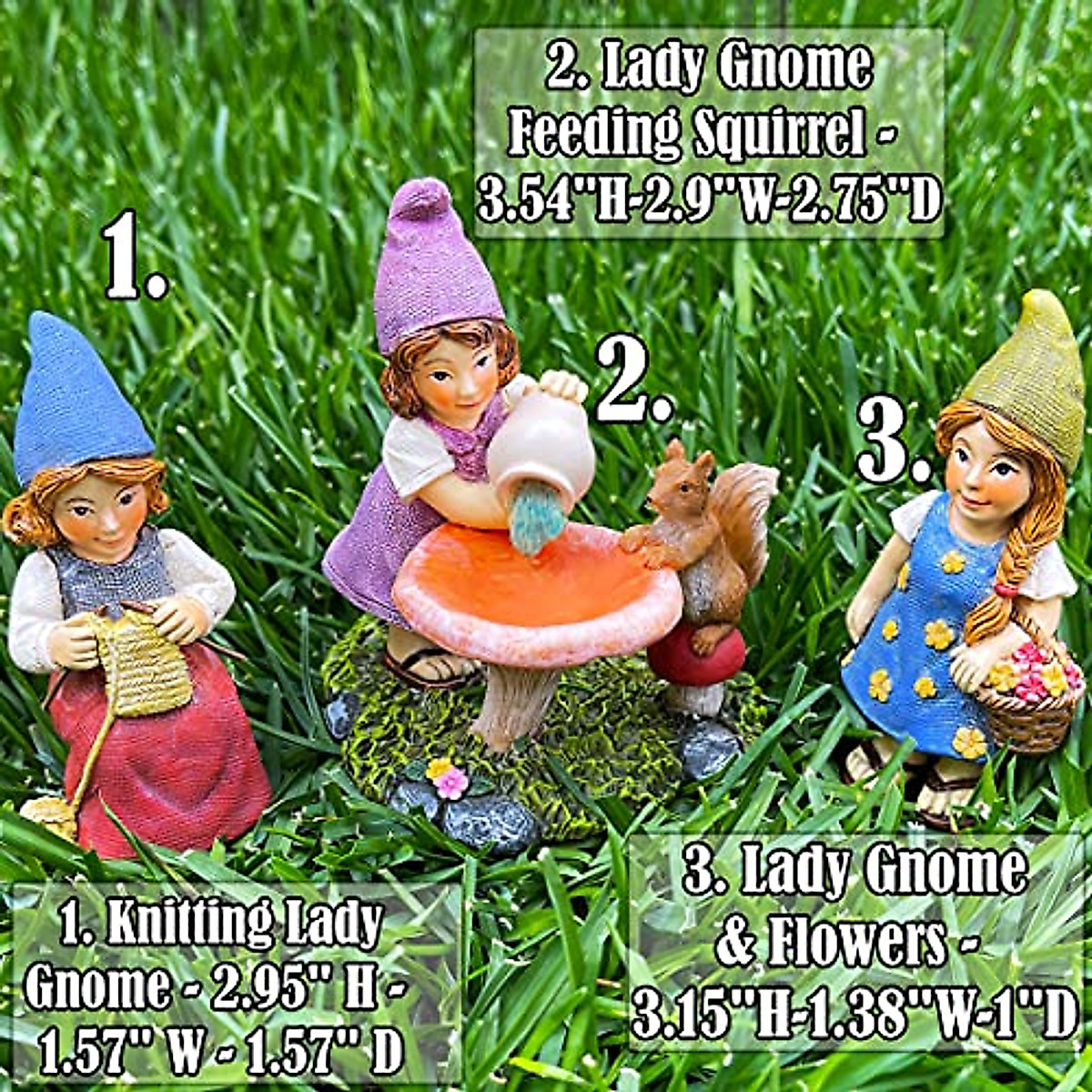 Mood Lab Miniature Garden Gnomes - Lady Gnomes Kit of 3 pcs - Figurines & Accessories Set - Outdoor or House Decor