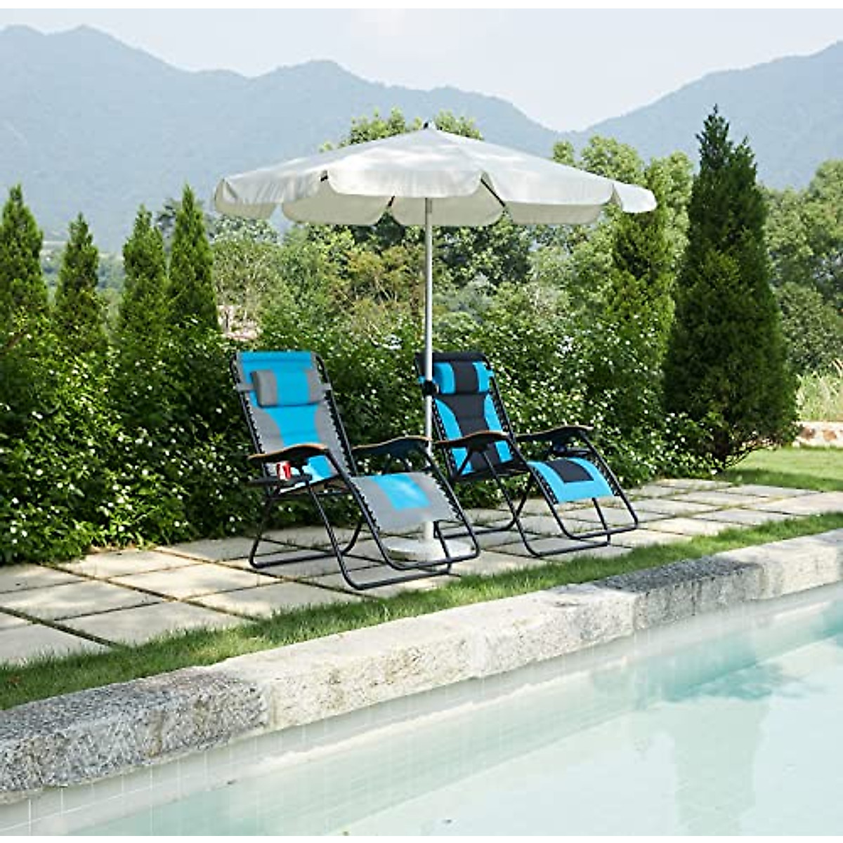 Farini Zero Gravity Chair Lounge Chair Outdoor, XXL Reclining Patio Chair with Polyester Fabric Back Adjustable Pillow and Detachable Cup Holder, Oversized Support 350 lbs, Light Blue and Black