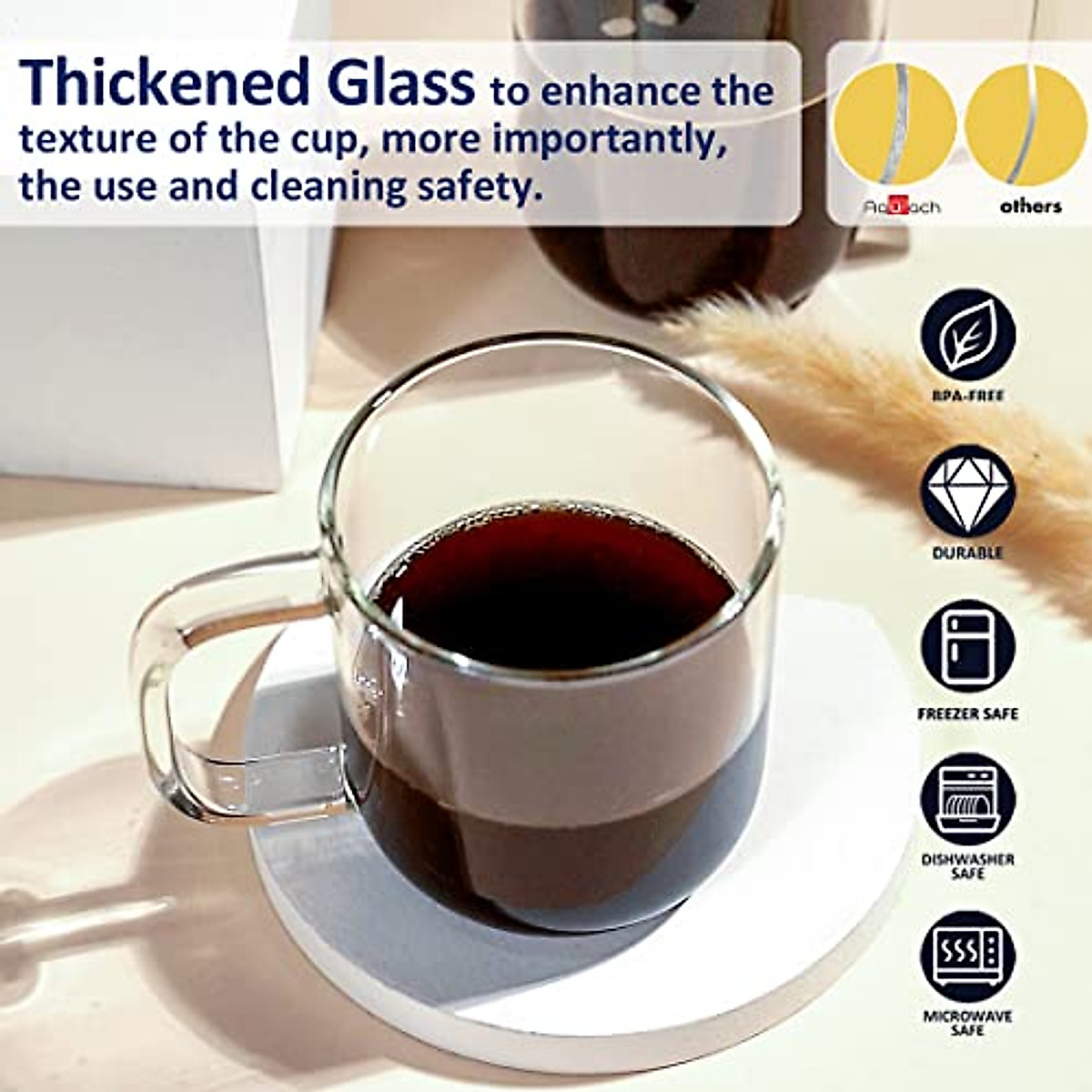 Aquach Glass Mugs 16 oz Set of 2, Large Clear Glass Cup with Handle for Hot/Cold Coffee Tea Beverage, Thicker Quality