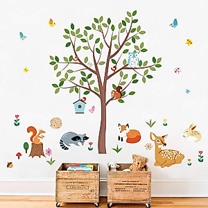 decalmile Forest Animals Tree Wall Decals Deer Squirrel Owl Wall Stickers Baby Nursery Kids Bedroom Playroom Wall Decor(Tree H: 31"))