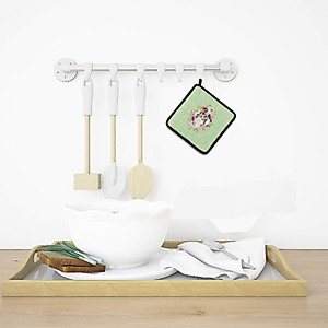 Caroline's Treasures CK4427PTHD Australian Shepherd Green Flowers Pair of Pot Holders Kitchen Heat Resistant Pot Holders Sets Oven Hot Pads for Cooking Baking BBQ, 7 1/2 x 7 1/2