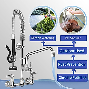8 Inch Center Wall Mount Commercial Sink Faucet with Sprayer, 36'' Height with Pull Down Pre-Rinse Sprayer, Thickened Hose with 12" spout for 2-3 Compartment Sink for Restaurant