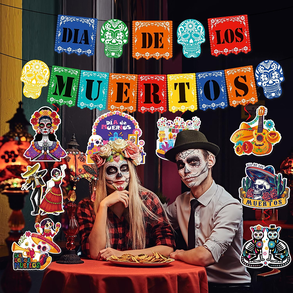 Yingoto Dia De Los Muertos Decorations Day of the Dead Decorations includes 1pcs Dia De Los Muertos Banner and 8pcs Dia De Los Muertos Altar Hanging Swirls for Day of The Dead Ofrenda Decorations