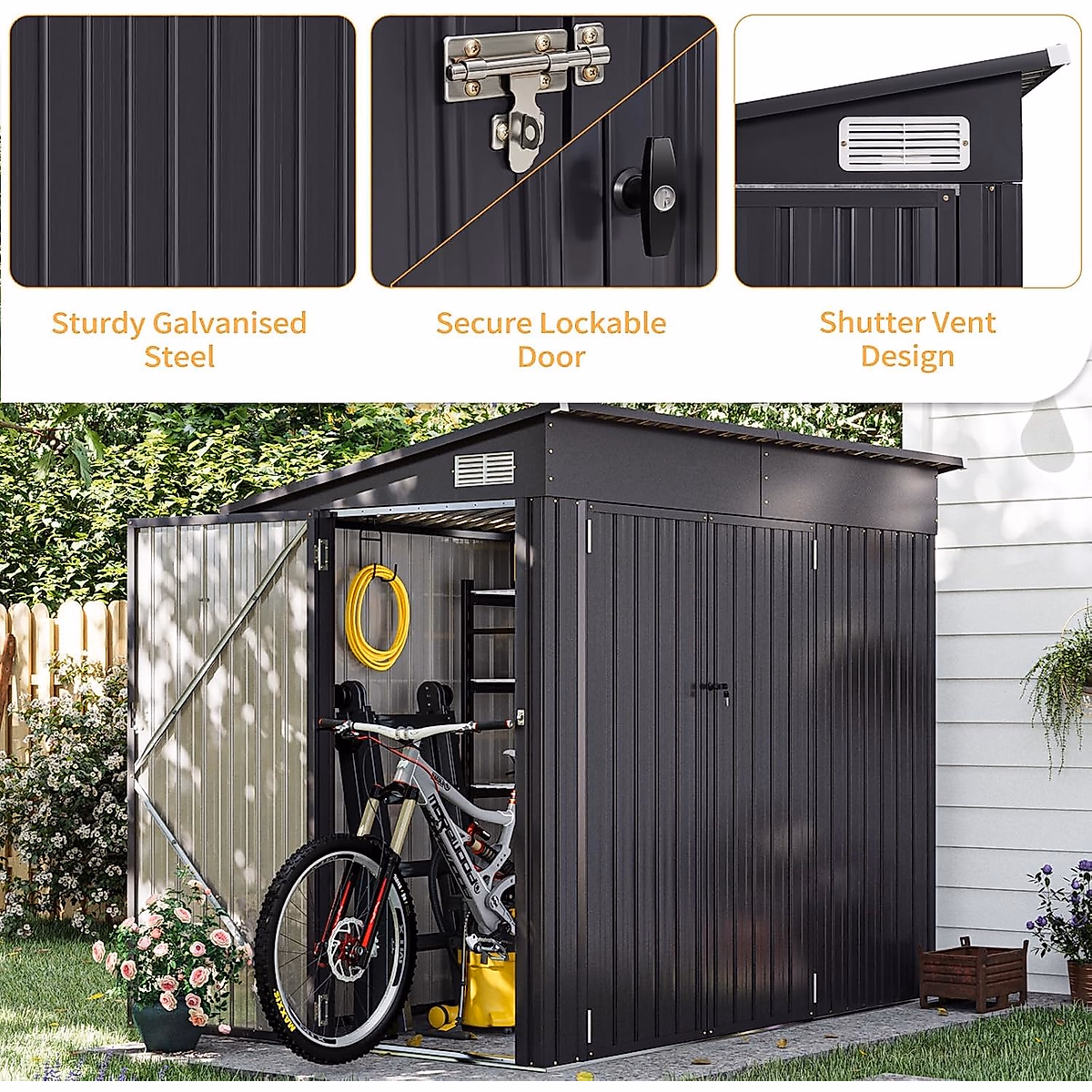 Aoxun 4' x 8' Shed Outdoor Storage Shed with Triple Lockable Door Metal Storage Cabinet with Slopping Roof for Tools Bicycles Storage for Garden, Patio, Courtyard