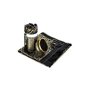 Muslim Prayer Rug and Prayer Beads with Elegant Design Cylinder Gift Box | Janamaz | Sajadah | Soft Islamic Prayer Rug | Islamic Gifts Set | Prayer Carpet Mat, Taffeta Fabric, Black