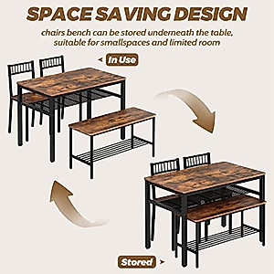 Bigbiglife Dining Table Set for 4, Kitchen Table with 2 Chairs and 1 Bench, Dining Table Set with 2 Storage Racks and 4 S-Hooks, Industrial Design for Small Space Home Kitchen, Rustic Brown