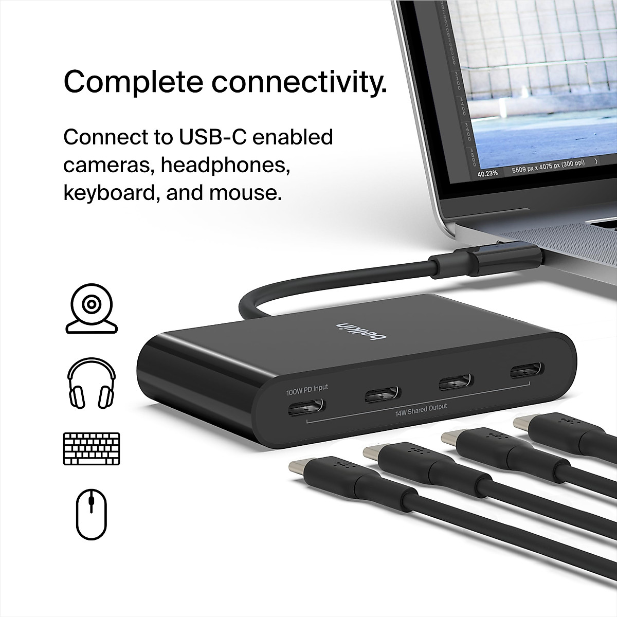 Belkin Connect USB-C™ to 4-Port USB-C Hub, Multiport Adapter Dongle with 4 USB-C 3.2 Gen2 Ports & 100W PD with Max 10Gbps High Speed Data Transfer for MacBook, iPad, Chromebook, PC, and More, Black