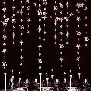 Rose Gold Number 16 Circle Dot Twinkle Star Garland Kit Metallic Hanging Streamer Bunting Banner Backdrop Decorations for Girls 16th Birthday Sweet Sixteen Wedding Anniversary Bridal Shower Party