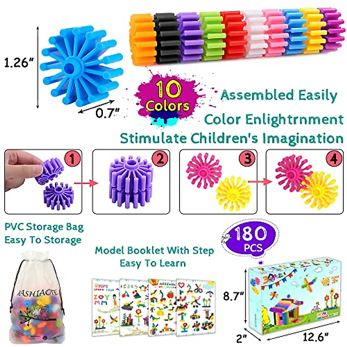 KASHIAOTE Gears Interlocking Learning Set, STEM Construction Toy Set - Building Kids Toys 180 Pcs - 10 Colors
