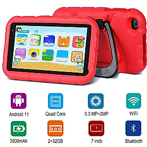 YESTEL Tablet for Kids 7 Inches, Android 11 FHD Kids Tablet 2GB RAM 32GB (Up to 128GB) with Shock- Proof Case, Reversible Stand, Dual Cameras, Red