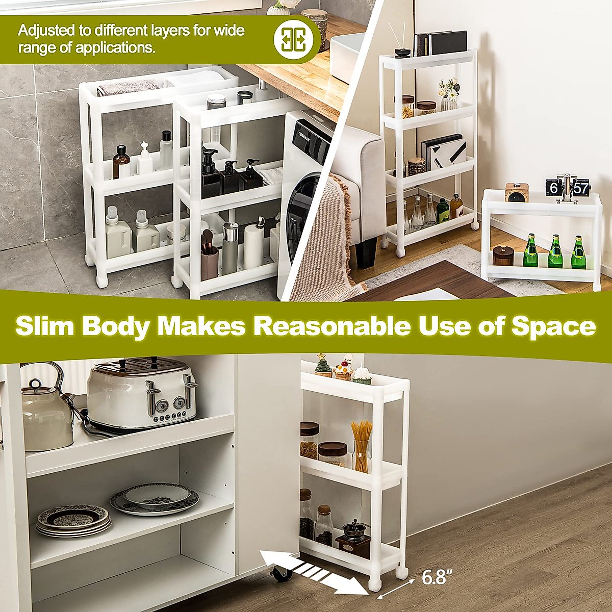 S AFSTAR 3 Tier Rolling Utility Cart Set of 2, Slide Out Mobile Utility Cart for Small Space, Free Combination-Easy Assembly Shelving Unit, 2-Pack 3-Tier Slim Storage Cart for Bathroom Laundry Room