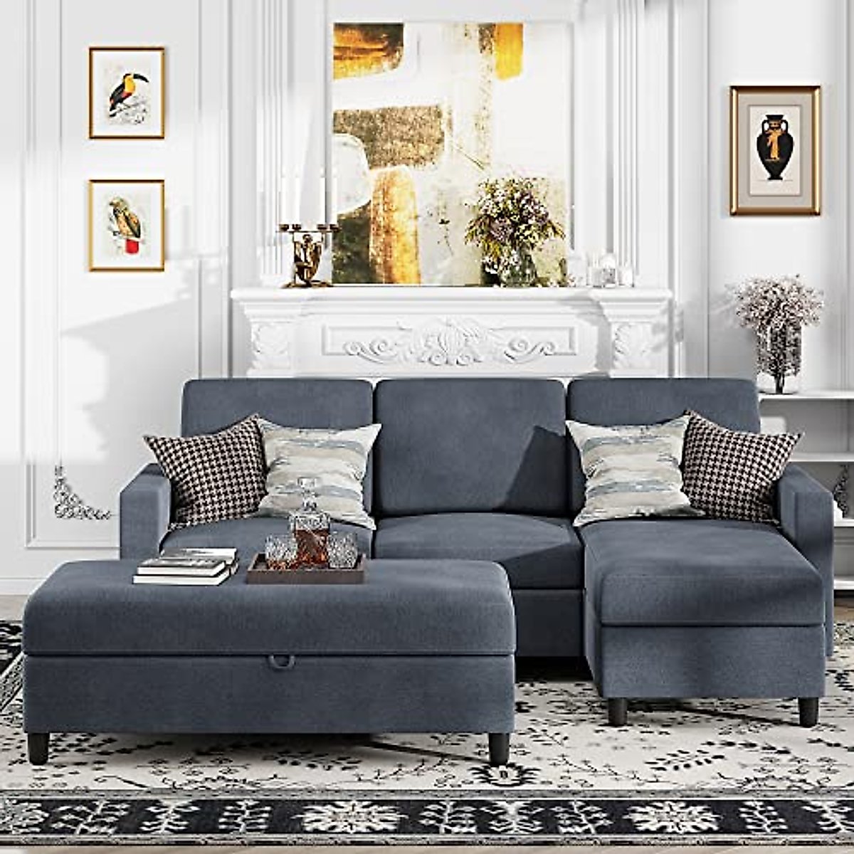 JY QAQA Convertible Sectional Sofa Couch with Long Storage Ottoman，L-Shaped Modular Couch with Modern Linen Fabric Wide Reversible Chaise for Small Space