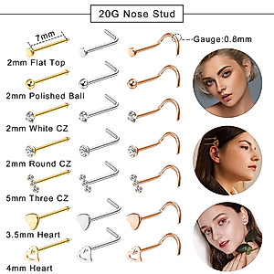 Drperfect 36Pcs 20G Nose Rings Hoop L Shape Screw Bone Nose Studs Stainless Steel Nose Rings Nostril Piercing Jewelry Silver Gold Rose Gold Tone Set Body Jewelry for Women Men