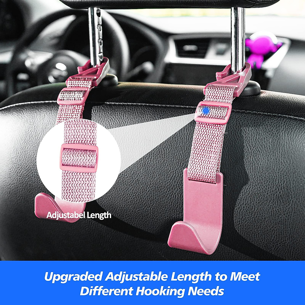 Flymic Adjustable Car Seat Headrest Hook, Universal Car Storage Headrest Hanger Holder Hooks Organizer, Vehicle Strong and Durable Backseat Hanger for Handbag Purse Coat 4 Pack Pink