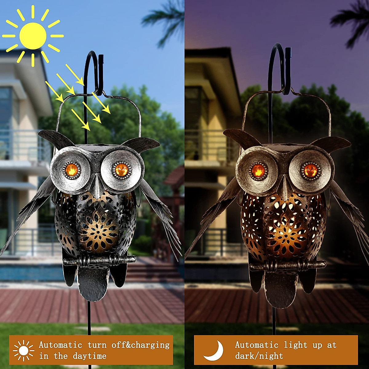 JCWH Fake Owl Solar Light,Auto On-Off Black Metal Waterproof,Animal Statue Decorative with Sheep Hook for Garden Backyard