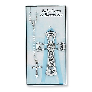 Pewter Baby Boy Cross Crib Medal & Rosary Set, Childrens Rosary