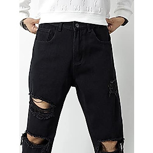 WDIRARA Men's Cut Out Ripped Frayed Zipper Fly Long Straight Leg Denim Jeans Black Solid XL