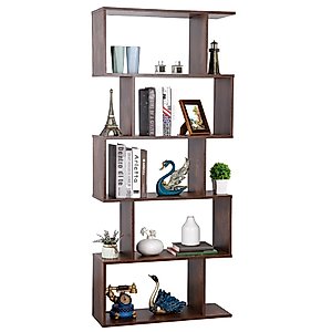 Epetlover 5 Tier Bookshelf S-Shaped Geometric Bookcase Wooden Floor Standing Open Shelf Bookshelves Display Storage Shelf & DVD Shelves for Living Room Bedroom Office, Rustic Brown
